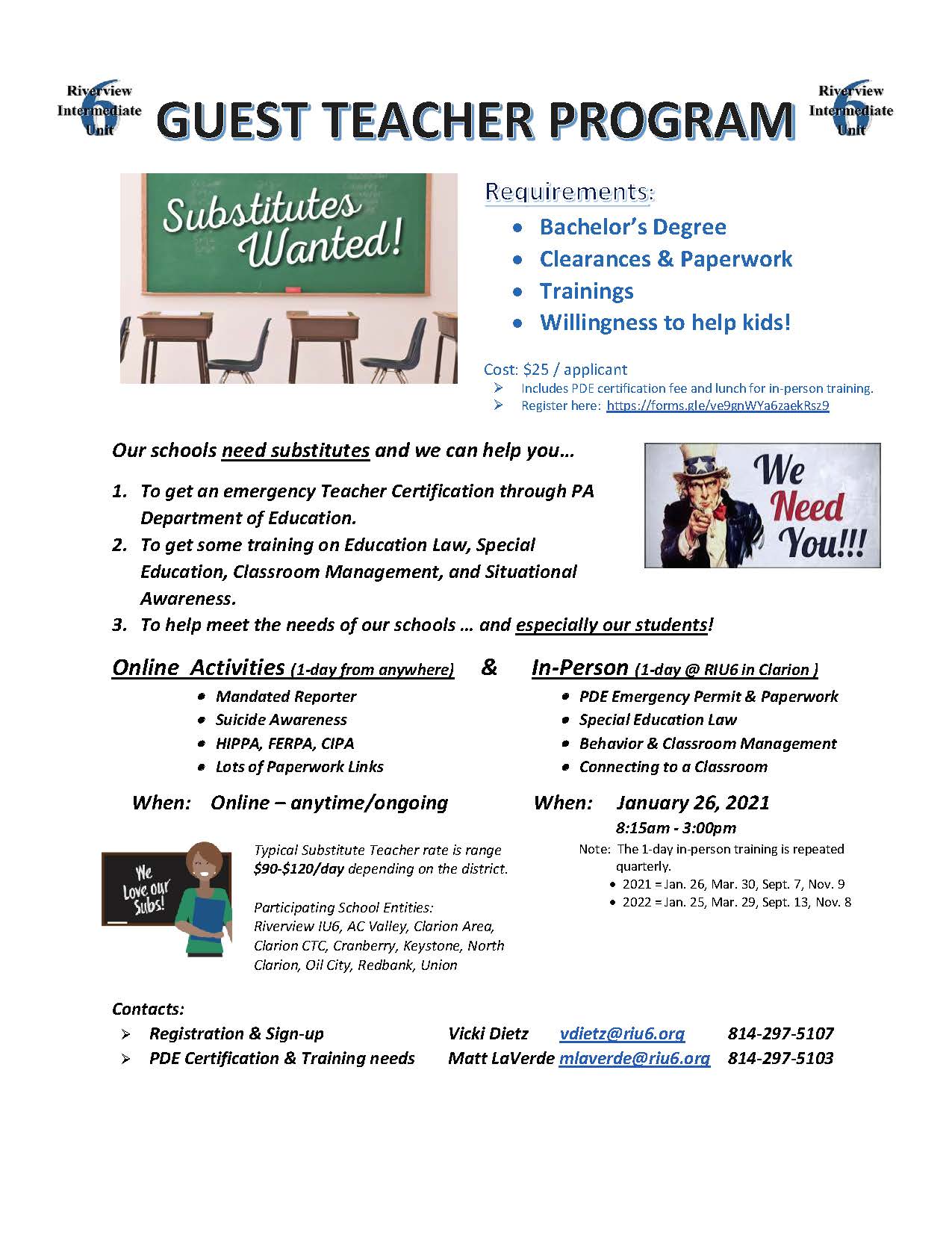 Flyer – RIU6 Guest Teacher Program 2021 – Cranberry Area School District